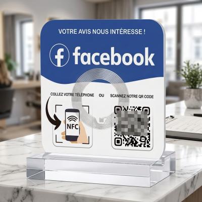 China Custom Acrylic NFC Google Review Stand Double-Sided Tap To Review Social Media Sign Tabletop NFC Display With Slotted Clear Base for sale
