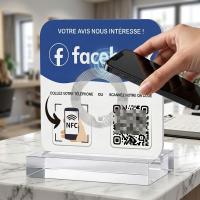 China Custom Acrylic NFC Google Review Stand Double-Sided Tap To Review Social Media Sign Tabletop NFC Display With Slotted Clear Base for sale