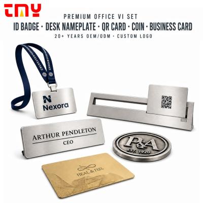 China Brushed Stainless Steel Desk Nameplate ID Badge Holder Business Card Set Custom Executive Office Accessories with Logo for sale