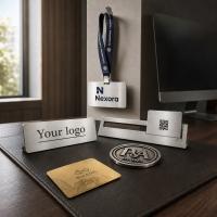 China Brushed Stainless Steel Desk Nameplate ID Badge Holder Business Card Set Custom Executive Office Accessories with Logo for sale