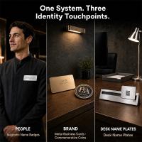 China Brushed Stainless Steel Desk Nameplate ID Badge Holder Business Card Set Custom Executive Office Accessories with Logo for sale