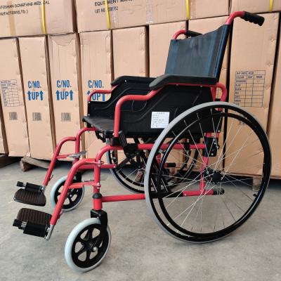 China Color Coating Folding Steel Wheelchair with Flip Up Desk Armrest Detachable Footrest 100kg Capacity for sale
