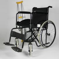 China Folding Steel Wheelchair with Solid Castor Wheels Black Powder Coating Frame 18 Inch Seat for sale