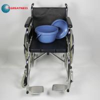 China Folding Steel 2 in 1 Commode Wheelchair with PU Leather Seat and Toilet Bowl for sale