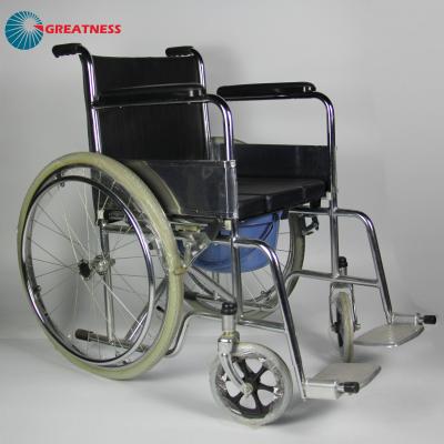 China Folding Steel 2 in 1 Commode Wheelchair with PU Leather Seat and Toilet Bowl for sale