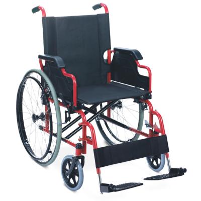 China Colored Frame Affordable Manual Folding Wheelchair Solid Rear Front Casters for sale