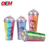 China Customized PP Double Wall Cup With Straw OEM 450ml Plastic Cup Made High Quality Cute Unicorn Water Cup for sale