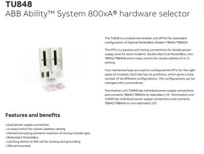 China TU848 3BSE042558R1 ABB Redundant TB840/TB840A Redundant I/O Dual Power for sale