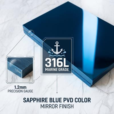 China 316L Sapphire Blue PVD Colored Stainless Steel Sheet 1.2mm Mirror Finish Marine Grade for sale