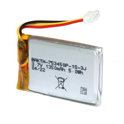 China Consumer Electronics Use Li-Pol Battery 753450P-1S-3J 3.7v 1350mah Rechargeable Li-Po Lithium Ion Batteries Pack for sale