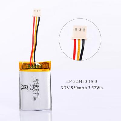 China Office Electronic Equipment Use Rechargeable Lipol Battery Cell LP-523450-1S-3 3.7V 950Mah Lithium Polymer Battery for sale