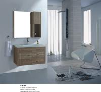 China 80cm Wide Pvc Bathroom Vanity / Wall Hanging Bathroom Cabinets Wood Grain Color for sale