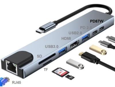 China 8 In 1 USB C Hub Adapter HDMI 4K RJ45 Ethernet PD Type C USB 3.0 SD TF for sale