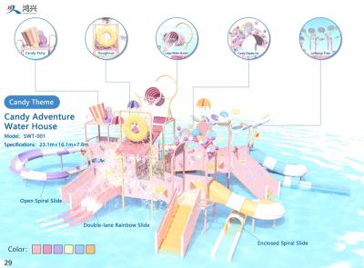 China Commercial FRP slides Water Park Equipment  Candy Adventure Water House  Interactive Water Play Childrens Splash Pad Water Slide for sale