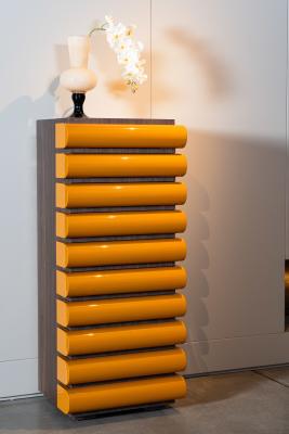 China Custom Luxury Tall Bedside Table with Sculptural Cylindrical Drawers Glossy Yellow Finish 60cm Height for sale
