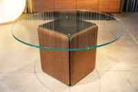 China Custom Glass Side Table Round Clear Glass Top Sculptural Walnut Base 24in Diameter for sale