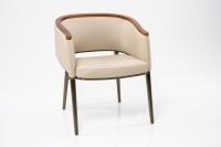 China Custom Luxury Dining Chair Curved Wood Armrest Cream Leather Upholstery Brushed Metal Frame for sale
