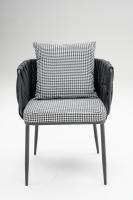 China Custom Luxury Dining Chair Houndstooth Upholstery Pleated Armrests Matte Black Metal Frame 50cm Seat Height for sale