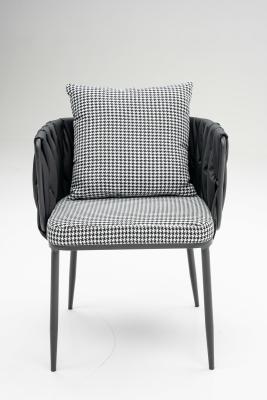 China Custom Luxury Dining Chair Houndstooth Upholstery Pleated Armrests Matte Black Metal Frame 50cm Seat Height for sale