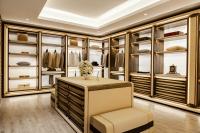 China Custom Luxury Walk In Closet with Integrated LED Lighting Wood Shelving and Central Island for sale