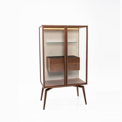 China Custom Solid Wood Display Cabinet With LED Light, Mid-Century Glass Door Storage Cabinet For Living Room & Wine Display for sale
