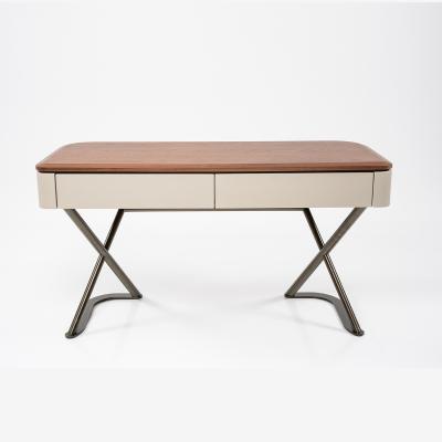China Custom Light Luxury Walnut Writing Desk With Double Drawers, Modern Home Study Vanity Desk With Metal X-Shaped Legs for sale