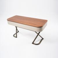 China Custom Light Luxury Walnut Writing Desk With Double Drawers, Modern Home Study Vanity Desk With Metal X-Shaped Legs for sale