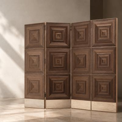 China Custom Luxury Folding Wood Screen, 4-Panel Room Divider with Embossed Geometric Pattern for Bedroom & Living Room Interiors for sale
