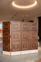 China Custom Luxury Folding Wood Screen, 4-Panel Room Divider with Embossed Geometric Pattern for Bedroom & Living Room Interiors for sale