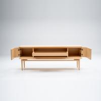 China Custom Light Wood TV Cabinet with Leather Accent Doors, Modern Minimalist Low-Profile Media Console for Living Room for sale
