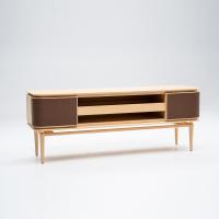 China Custom Light Wood TV Cabinet with Leather Accent Doors, Modern Minimalist Low-Profile Media Console for Living Room for sale