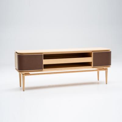 China Custom Light Wood TV Cabinet with Leather Accent Doors, Modern Minimalist Low-Profile Media Console for Living Room for sale