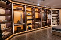 China Custom Luxury Walk-In Closet System, Dark Wood Built-In Wardrobe with LED Lighting, Full Storage Layout for Bedroom Interiors for sale