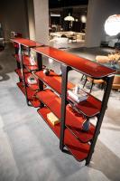 China Modern Dark Wood Open Display Shelf with Red Glossy Shelves, Multi‑Tier Freestanding Storage Rack for Living Room & Hotel Lobby for sale