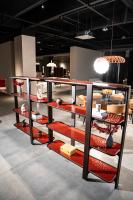 China Modern Dark Wood Open Display Shelf with Red Glossy Shelves, Multi‑Tier Freestanding Storage Rack for Living Room & Hotel Lobby for sale