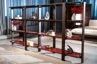 China Modern Dark Wood Open Display Shelf with Red Glossy Shelves, Multi‑Tier Freestanding Storage Rack for Living Room & Hotel Lobby for sale