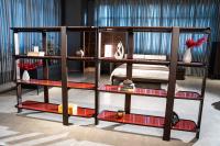 China Modern Dark Wood Open Display Shelf with Red Glossy Shelves, Multi‑Tier Freestanding Storage Rack for Living Room & Hotel Lobby for sale