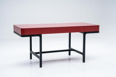 China Modern Red Glossy Writing Desk with Black Metal Frame, Multi‑Drawer Office Desk for Home Study & Workspace for sale