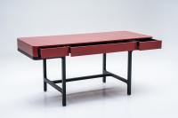 China Modern Red Glossy Writing Desk with Black Metal Frame, Multi‑Drawer Office Desk for Home Study & Workspace for sale