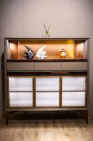 China Modern LED Sideboard Cabinet, Metal‑framed Glass Door Buffet Cabinet with Open Display Niche, Storage Credenza for Living Room for sale