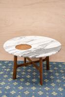 China Arabescato Marble Round Tea Table with Built‑in Tea Tray & Solid Black Walnut Base for sale