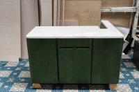 China Home‑use L‑shaped Marble Top Kitchen Cabinet, Dark Green Painted Base Corner Storage Cabinet with Metal Legs for sale
