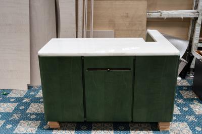 China Home‑use L‑shaped Marble Top Kitchen Cabinet, Dark Green Painted Base Corner Storage Cabinet with Metal Legs for sale
