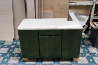 China Home‑use L‑shaped Marble Top Kitchen Cabinet, Dark Green Painted Base Corner Storage Cabinet with Metal Legs for sale