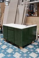 China Home‑use L‑shaped Marble Top Kitchen Cabinet, Dark Green Painted Base Corner Storage Cabinet with Metal Legs for sale