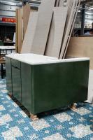 China Home‑use L‑shaped Marble Top Kitchen Cabinet, Dark Green Painted Base Corner Storage Cabinet with Metal Legs for sale