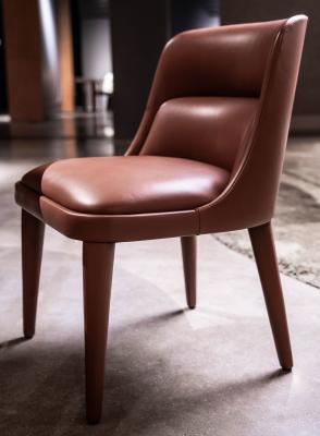China Home‑use Brown Leather Dining Chair, Modern Upholstered Side Chair with Solid Wood Legs for Dining Room for sale