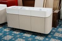 China Home‑use White Marble Top Sideboard, Beige Fluted Storage Cabinet with Gold Metal Legs for Dining Room & Living Room for sale