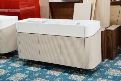 China Home‑use White Marble Top Sideboard, Beige Fluted Storage Cabinet with Gold Metal Legs for Dining Room & Living Room for sale