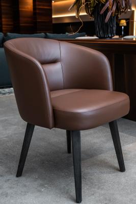 China Home‑use Brown Leather Dining Chair, Modern Barrel Upholstered Side Chair with Black Solid Wood Legs for Dining Room & Living Room for sale